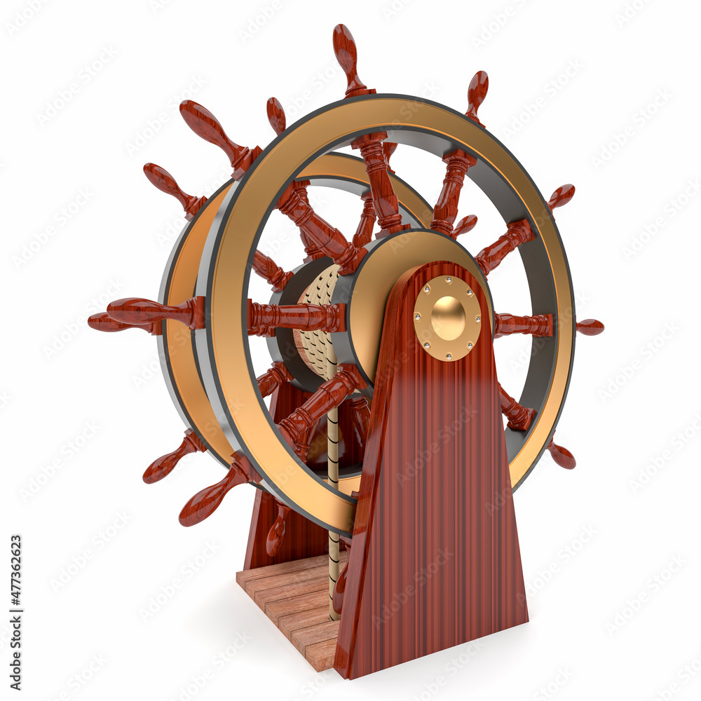 Large ship's wheel made of red wood and with bronze parts. Helm used by ...