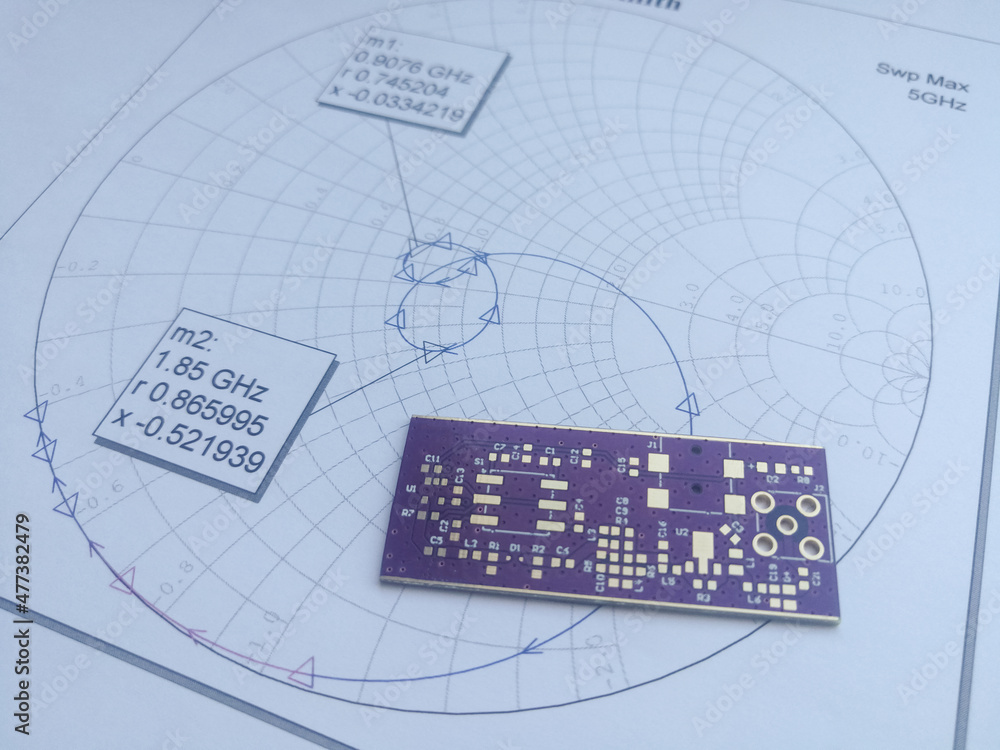 RF PCB in front of Smith chart for design and development Stock Photo ...