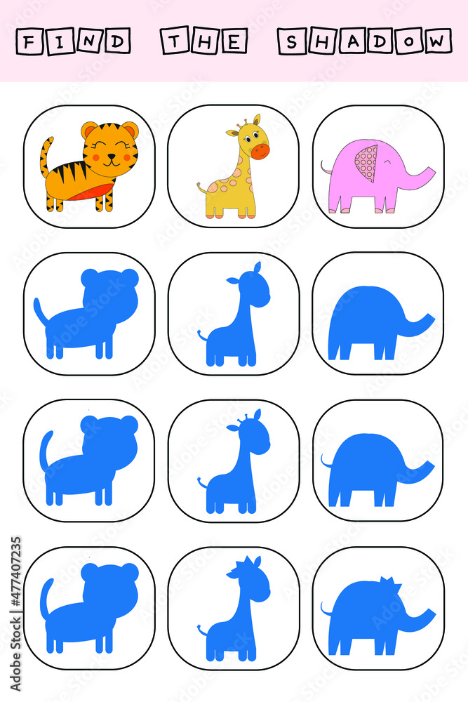 Find a shadow tiger, giraffe, elephant. Match toy with correct shadow ...