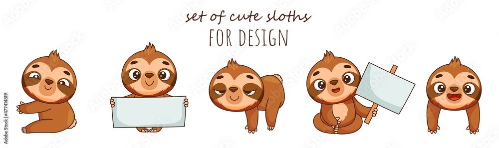Set of cute sloth for design. Vector cartoon character holding blank ...