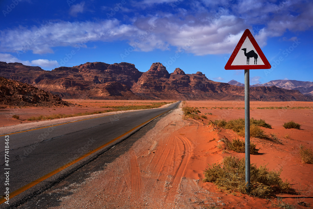 Jordan Travel. Traffic road sign with camel near the asphalt road. Wadi ...