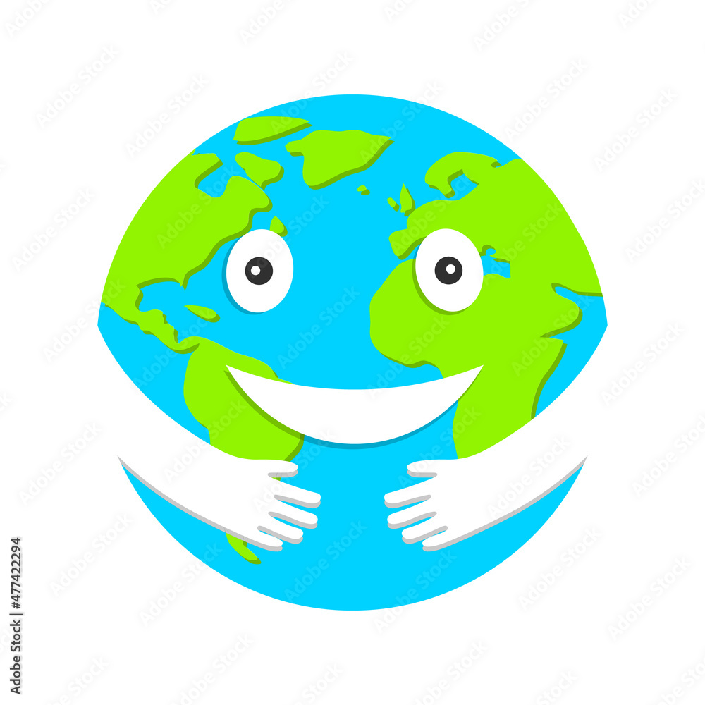 Smiley in the form of the Earth. Earth icon with eyes and hugging hands ...