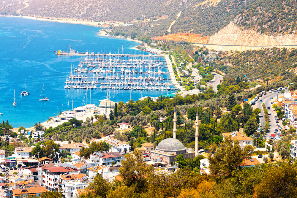 Charming view of seaside resort town of Kas in Turkey. Romantic harbour ...