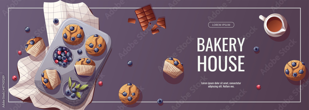 Banner design with muffins. Baking, bakery shop, cooking, sweet ...