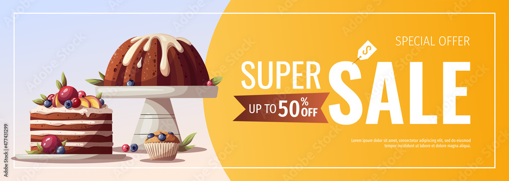 Banner design with cakes for baking, bakery shop, cooking, sweet ...
