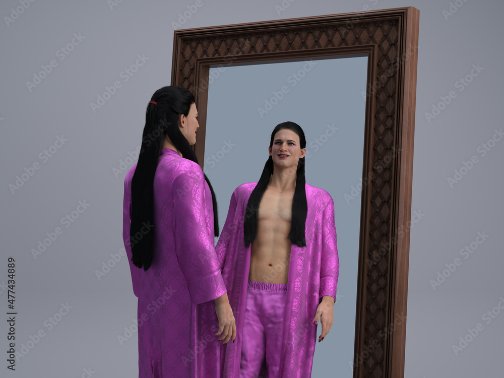 3D Render : Portrait of a transgender woman with pink night gown is ...