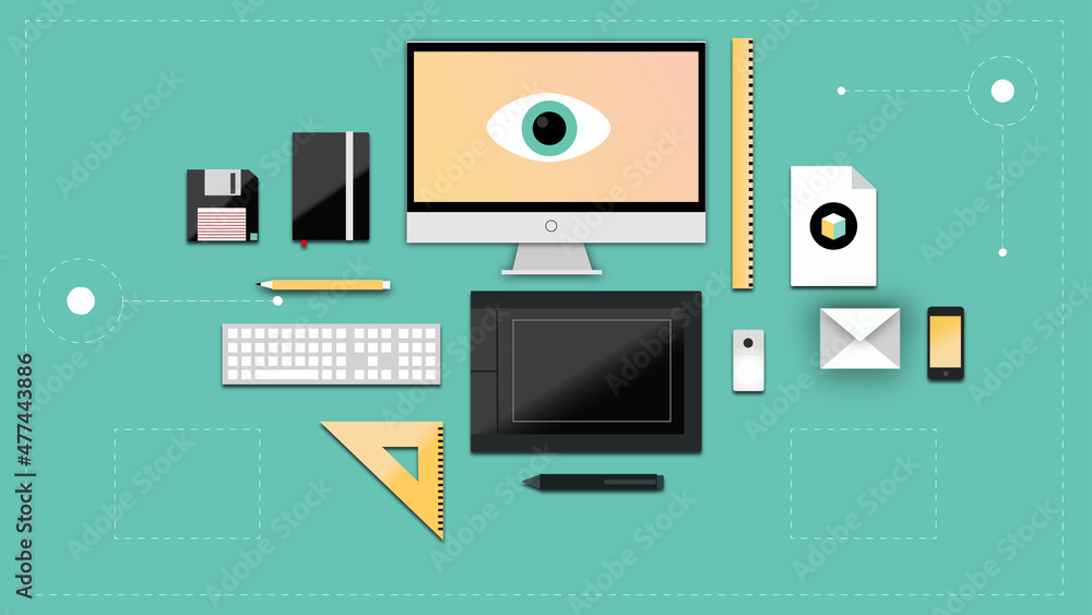 desktop with computer and peripherals on mint green background Stock ...