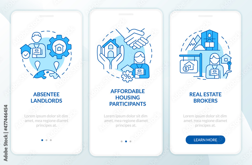 Property managers customers blue onboarding mobile app screen. Realty ...