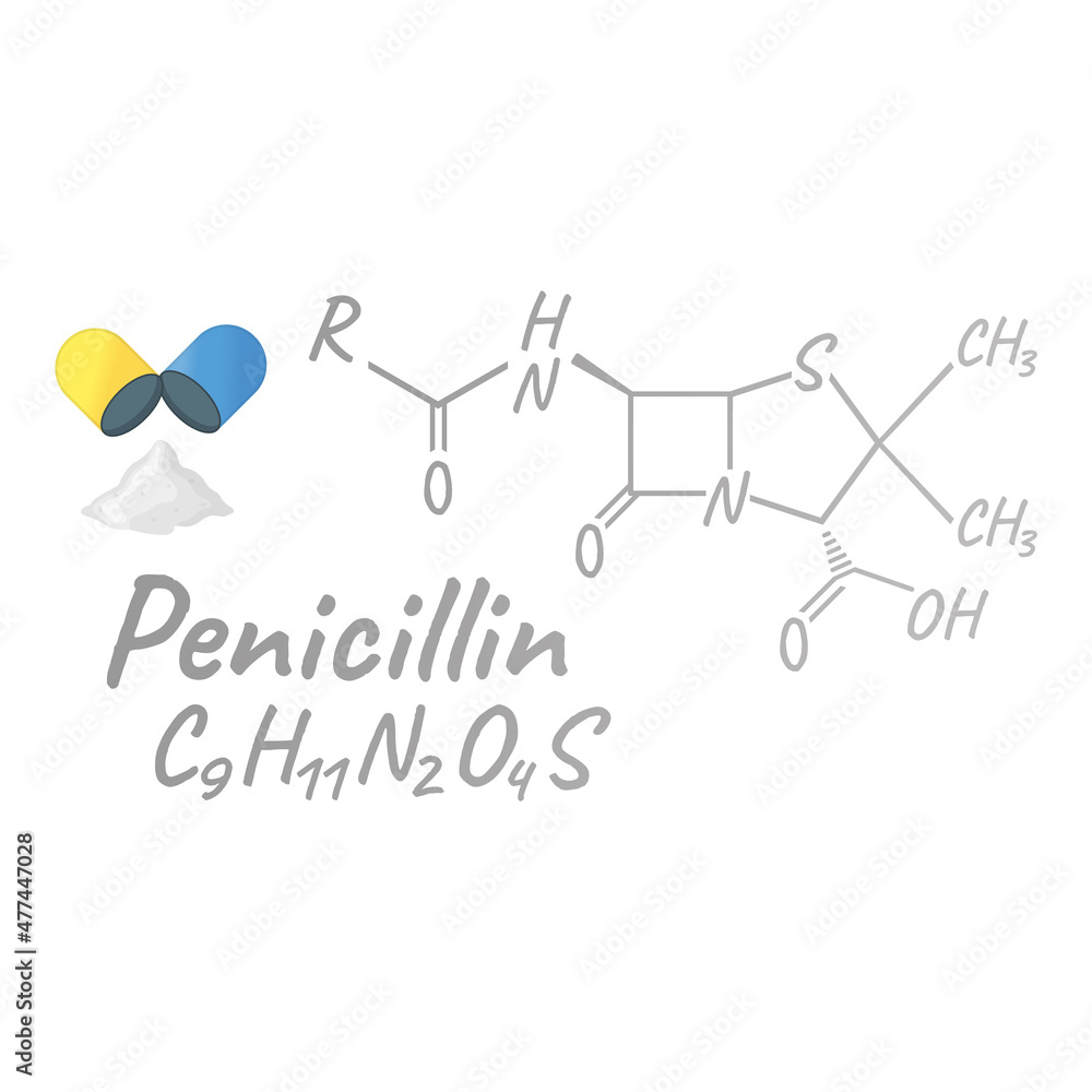 Penicillin antibiotic chemical formula and composition, concept ...