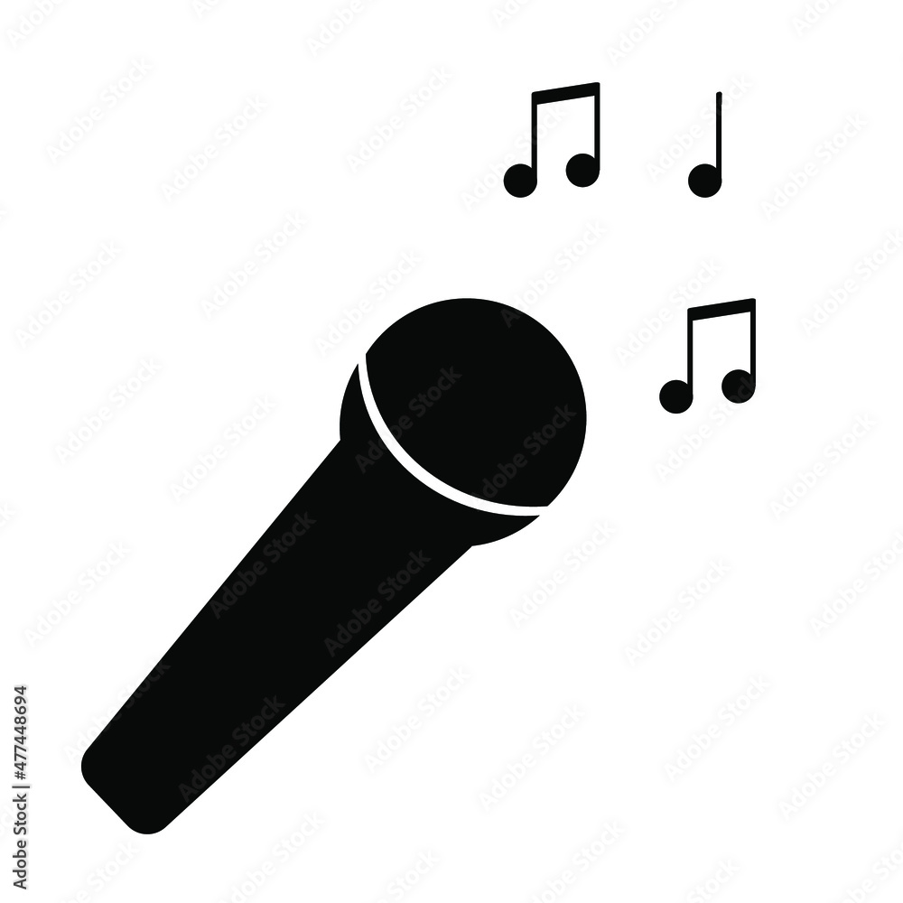 Microphone with music notes icon. Black outline. Record concept. Sing ...