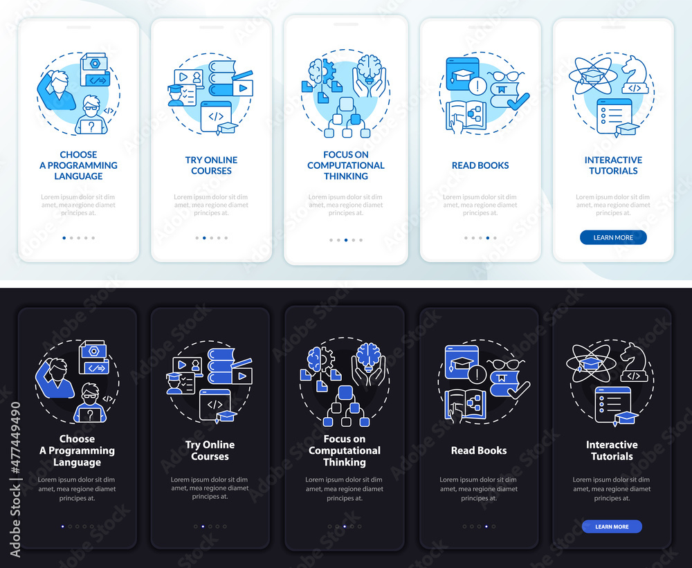 How to learn to code night and day mode onboarding mobile app screen ...