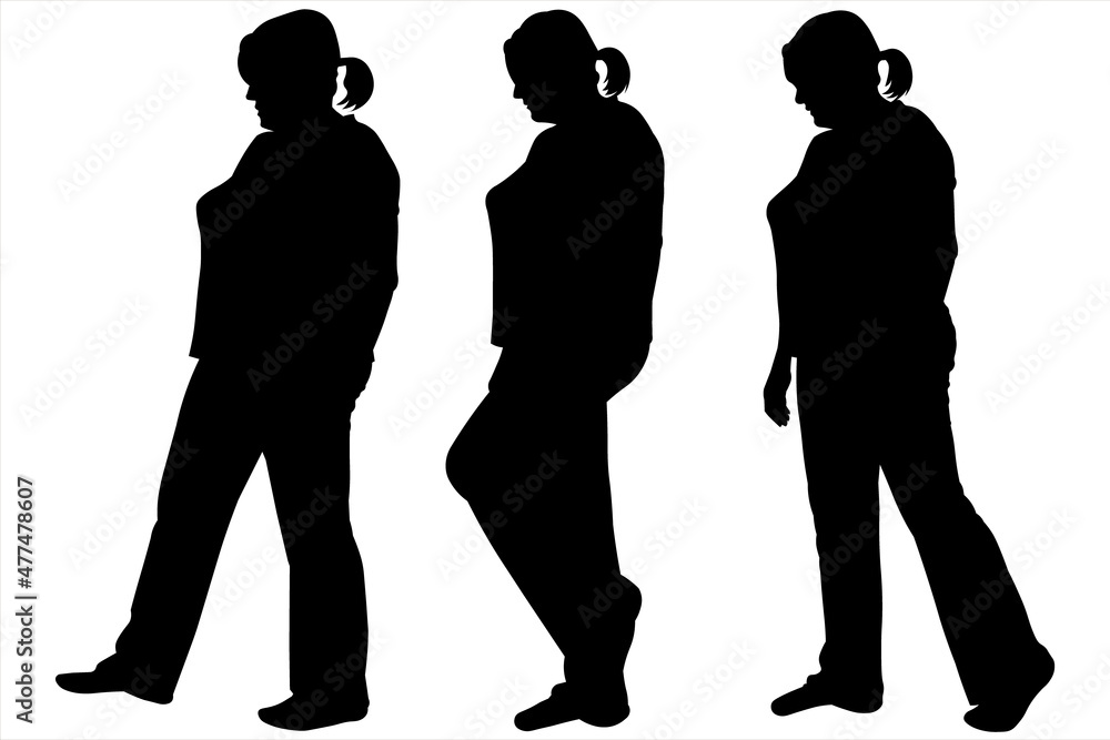 Three black female silhouettes isolated on white background. Side view ...
