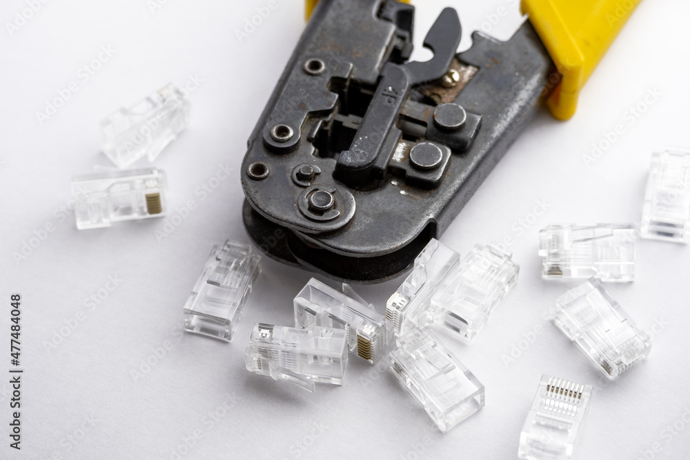 Modular plug crimpers for RJ-45, white background, Crimper, Twisting ...