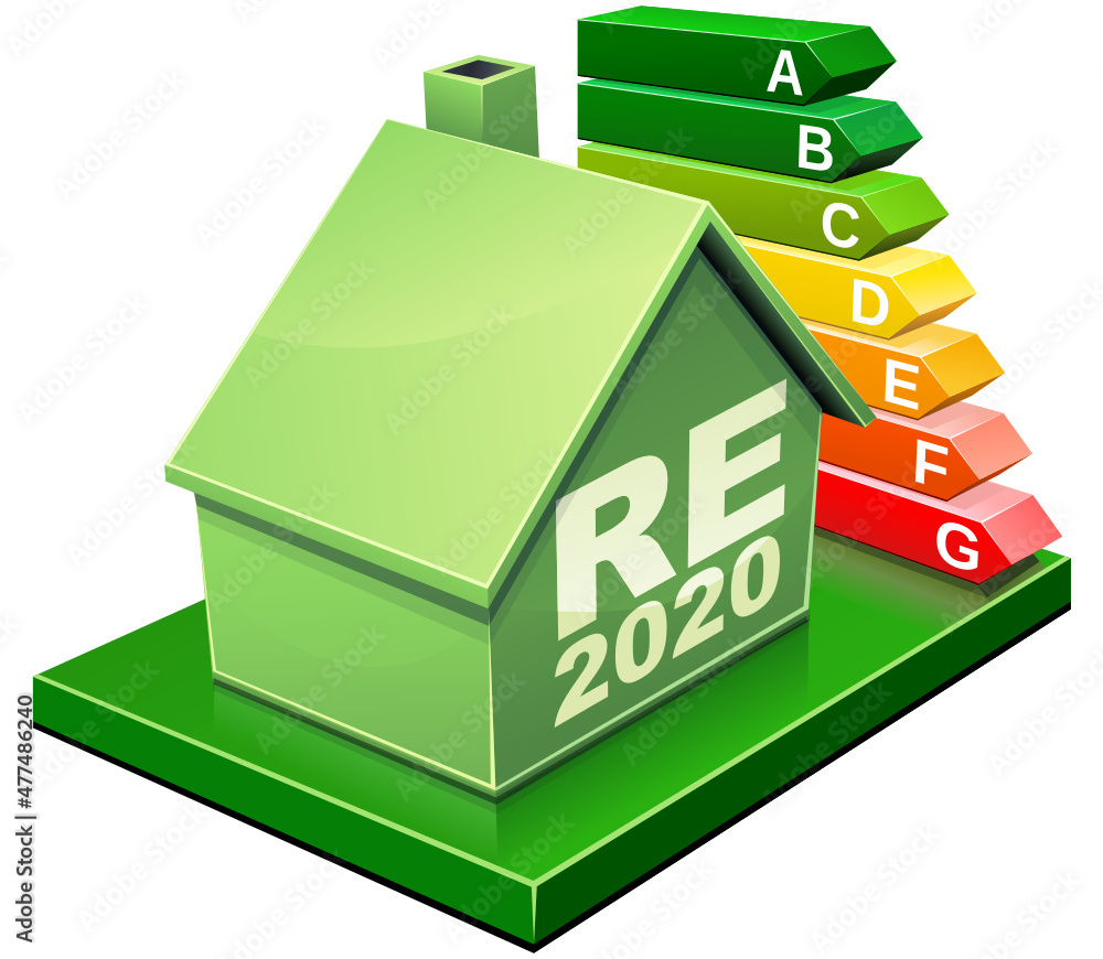 Maison verte avec l'étiquette RE 2020, norme française de ...