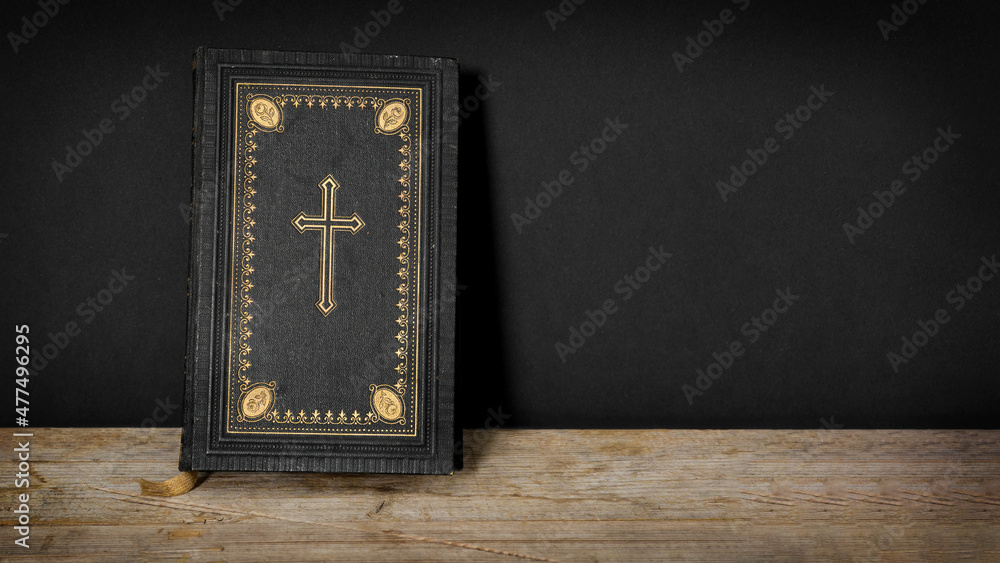 Church faith Christian background - Old holy bible with golden cross on ...