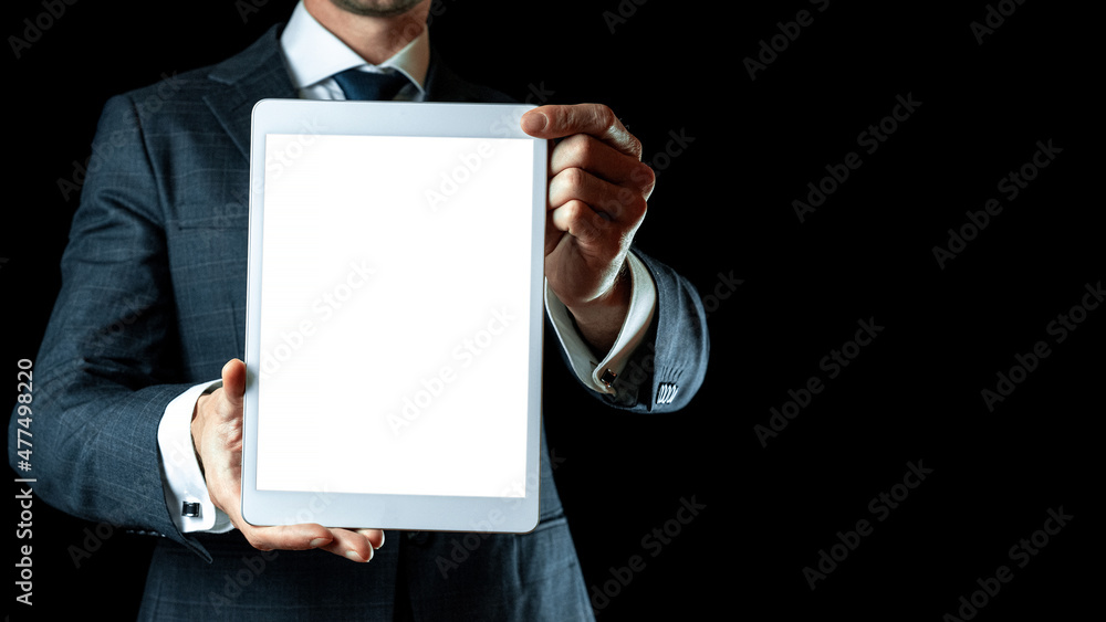 Screen mockup. Empty blank tablet in businessman hand. Mock up screen ...