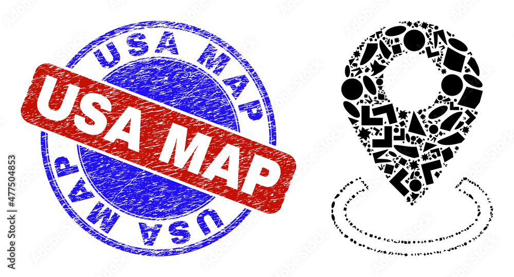 Vector mosaic map marker placement icon, and bicolor USA Map unclean ...
