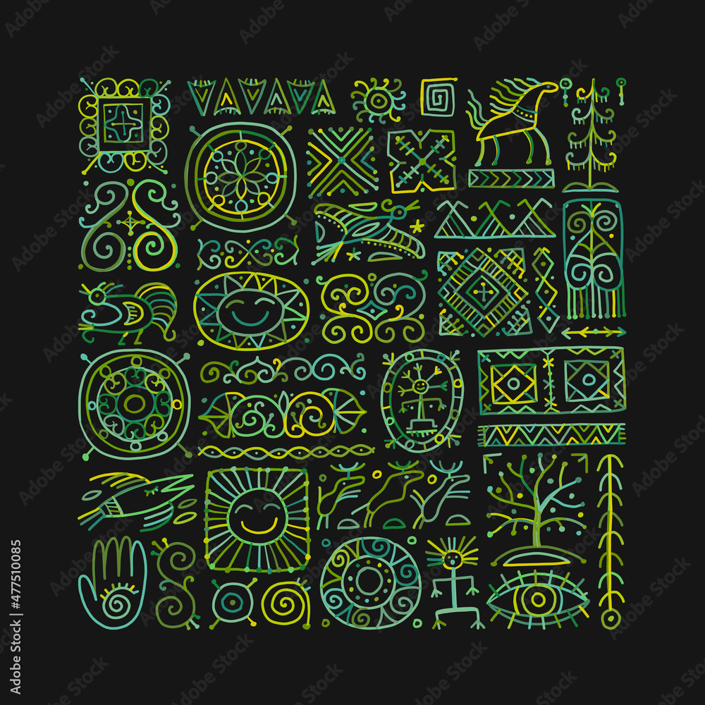 Ethnic handmade ornament, Folk Nordic Symbols. Art background for your ...