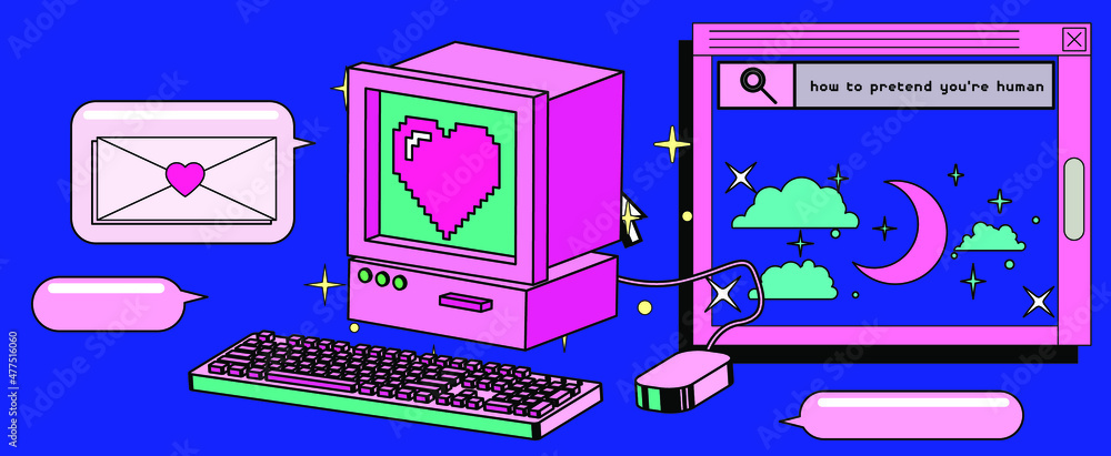 Old retro computer with CRT monitor and keyboard. Vaporwave vintage ...