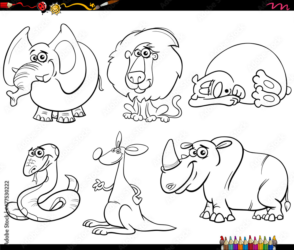 cartoon wild animals characters set coloring book page Stock Vector ...