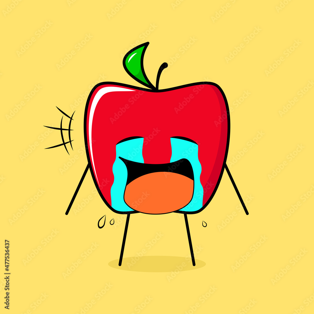 cute red apple character with crying expression, tears and mouth open ...