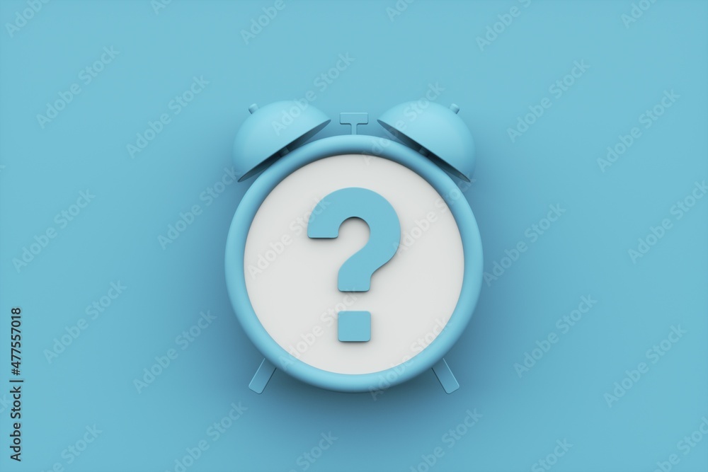 Blue alarm clock with question mark sign on blue background. 3d ...