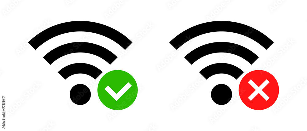 A set of Wi-Fi icons and check marks, and Wi-Fi icons and cross marks ...