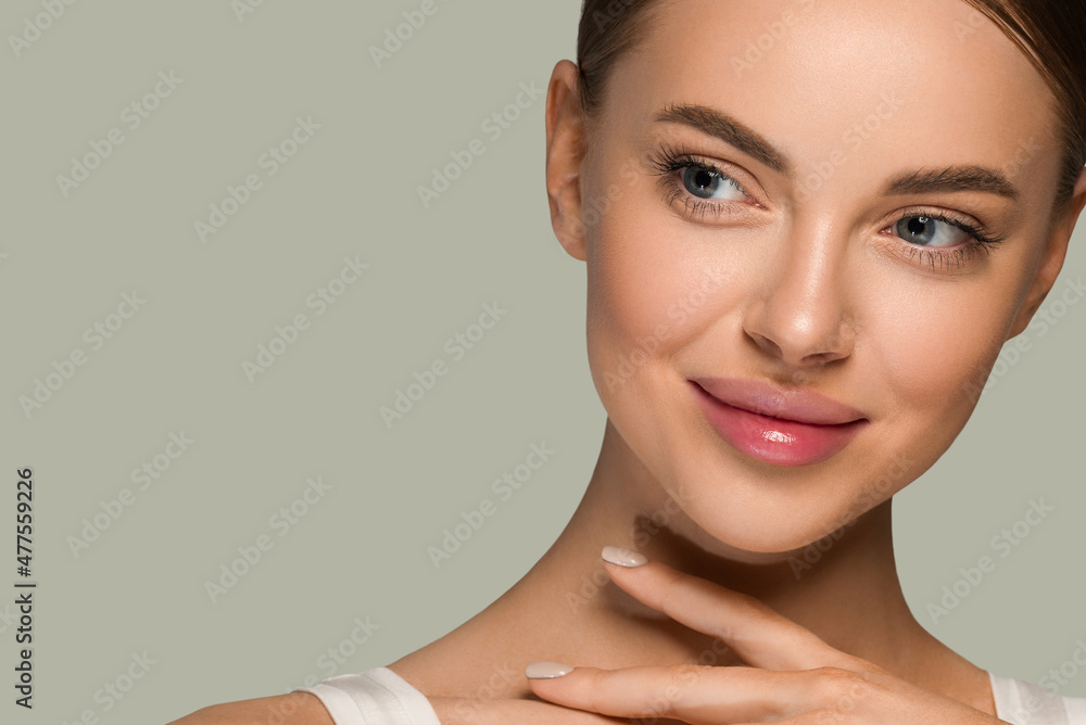 Beautiful skin woman model with hands. Natural makeup beauty face pink ...