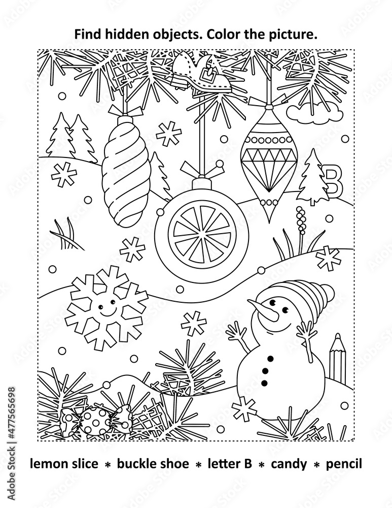 Hidden objects, or seek and find, picture puzzle and coloring page ...