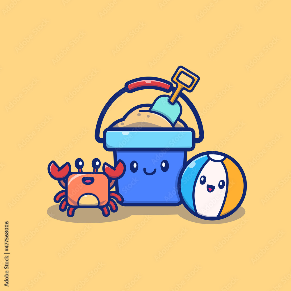 Cute Summer Bucket Sand With Crab And Ball Cartoon Vector Icon ...