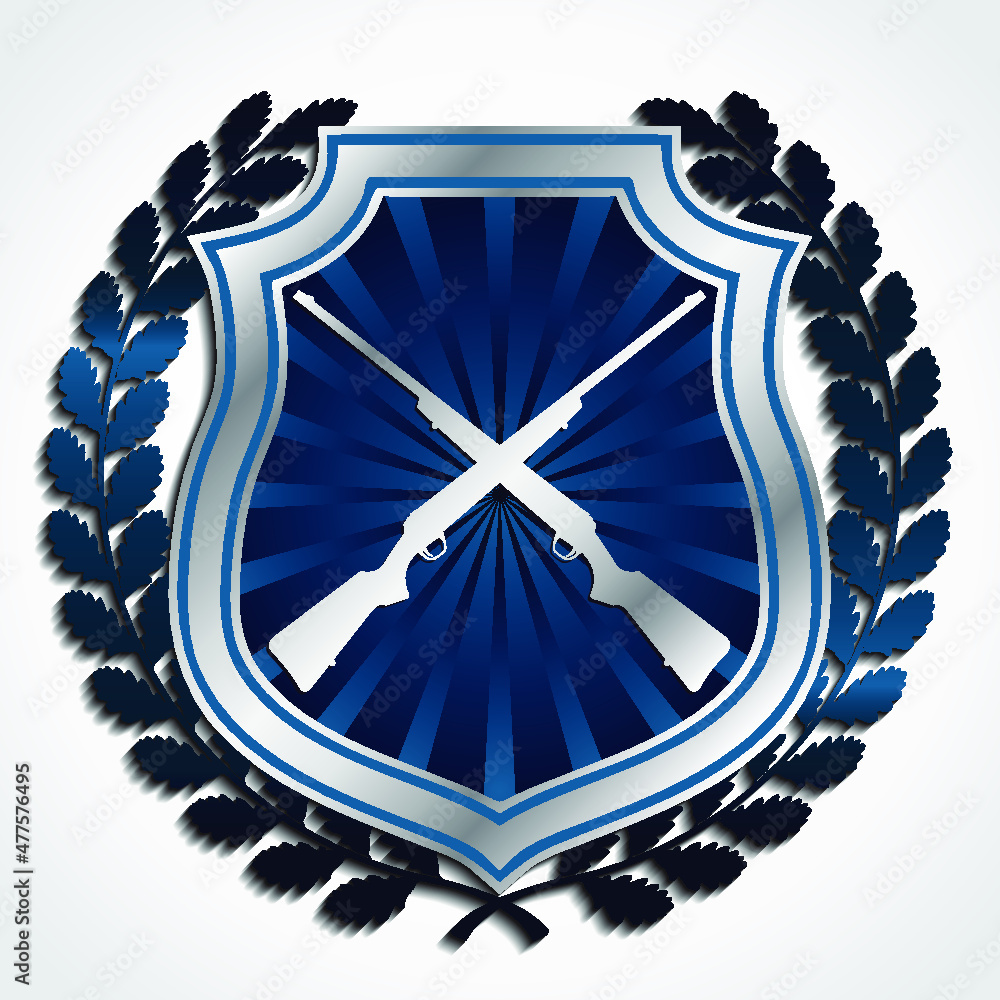 3d hunting theme symbol / blue metal laurel wreath shield with guns ...