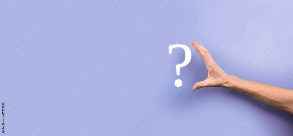 Businessman man hand hold interface question marks sign web. Ask ...
