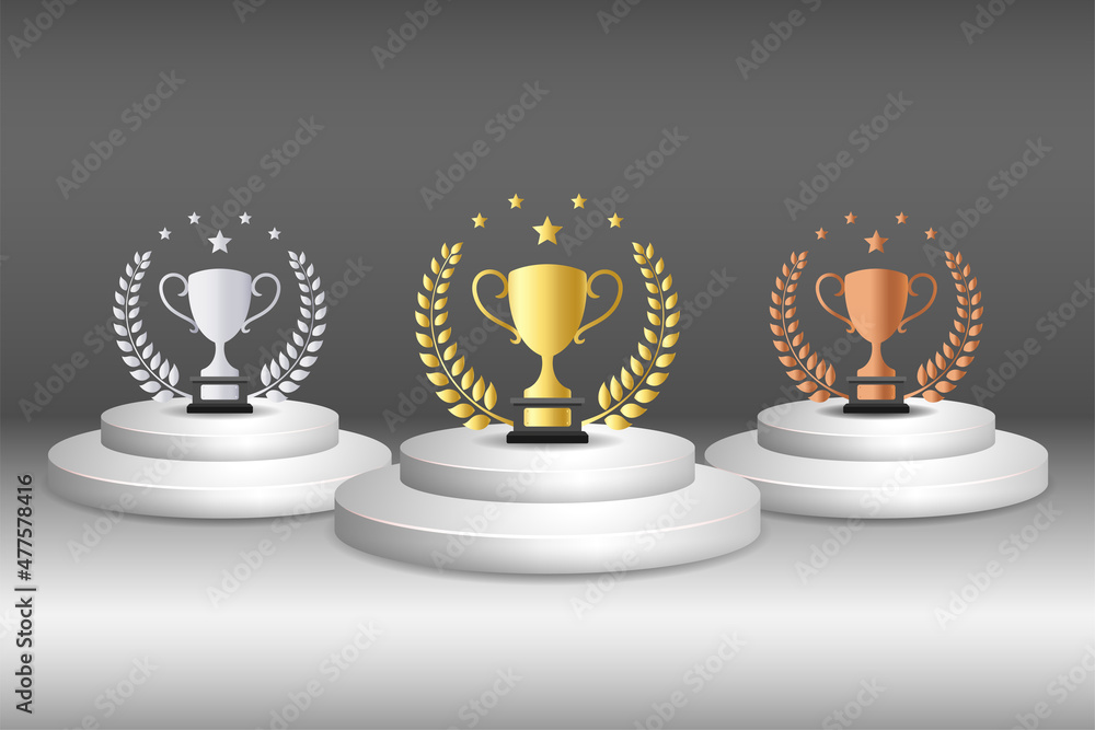 Stage podium for Award Ceremony with gold, silver, and bronze trophy ...