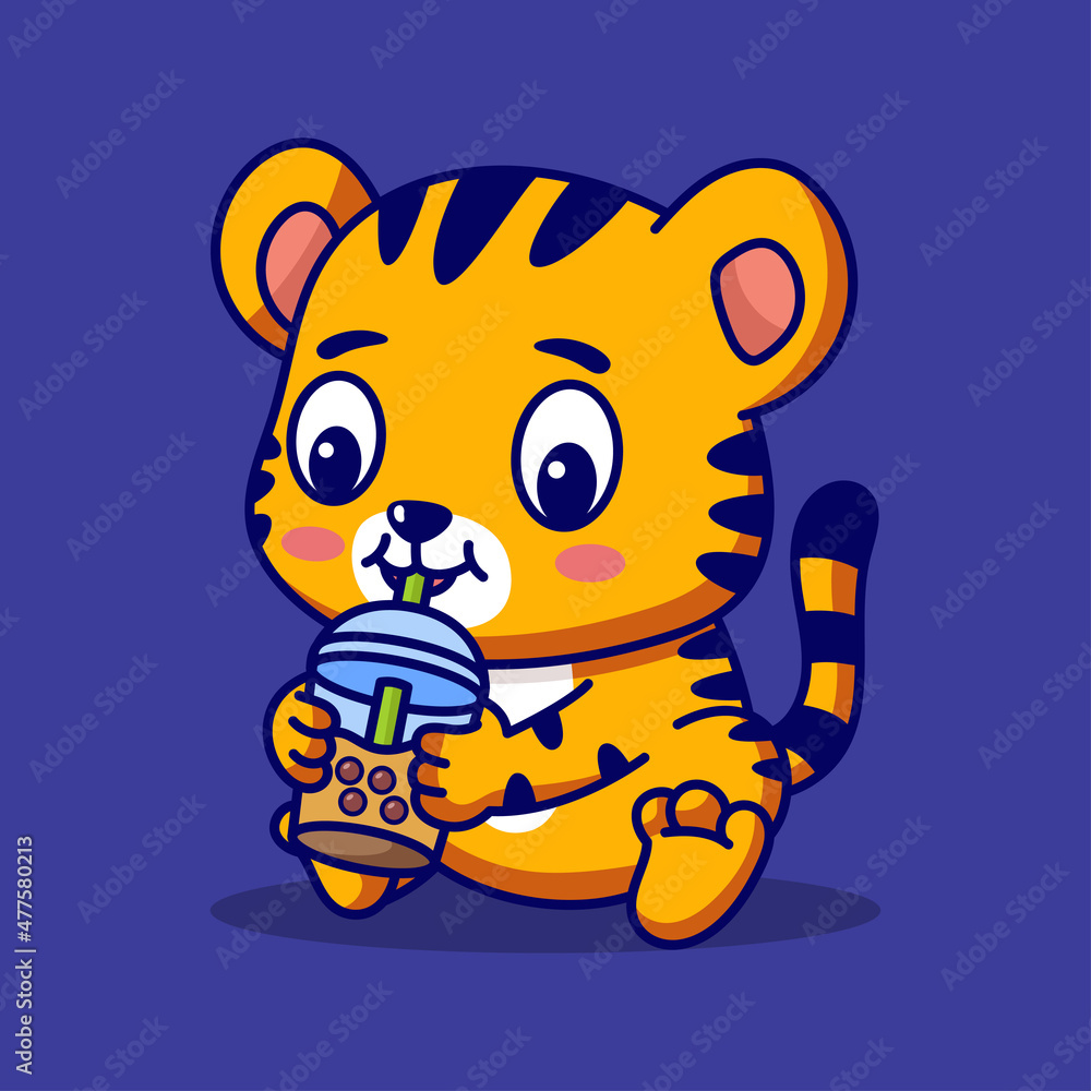 Tiger Drinking Boba Cartoon Illustration Stock Vector | Adobe Stock