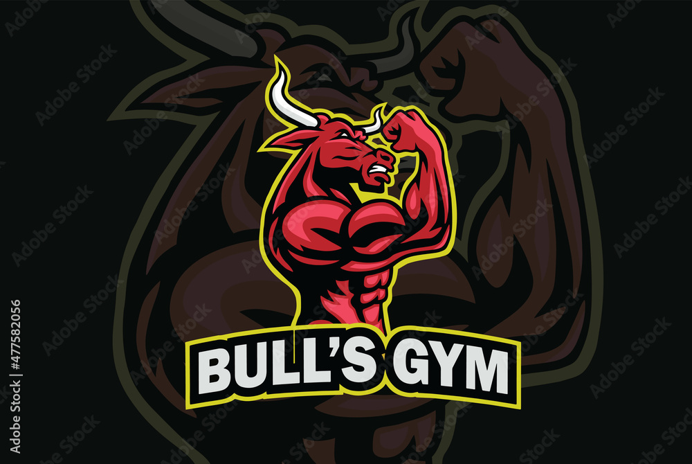 Poster Bull Gym Logo Character Design Bodybuilder Posing Muscular Body ...