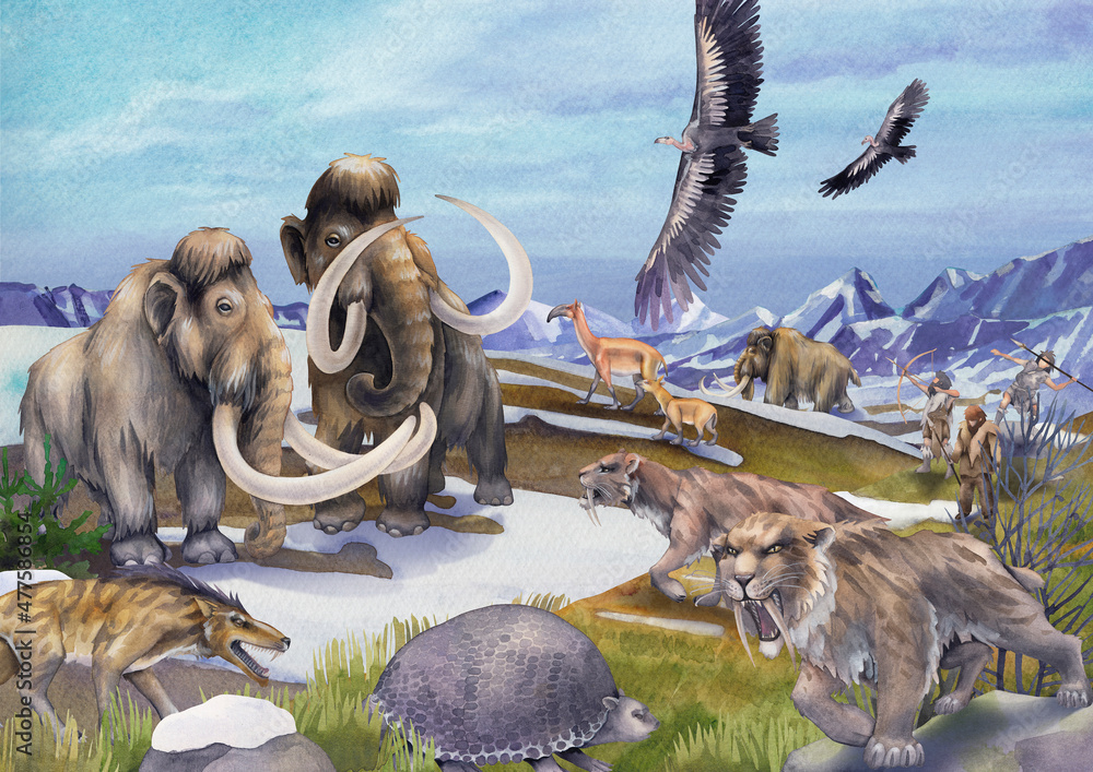 Watercolor scene of primordial humans hunting on prehistoric giant ...