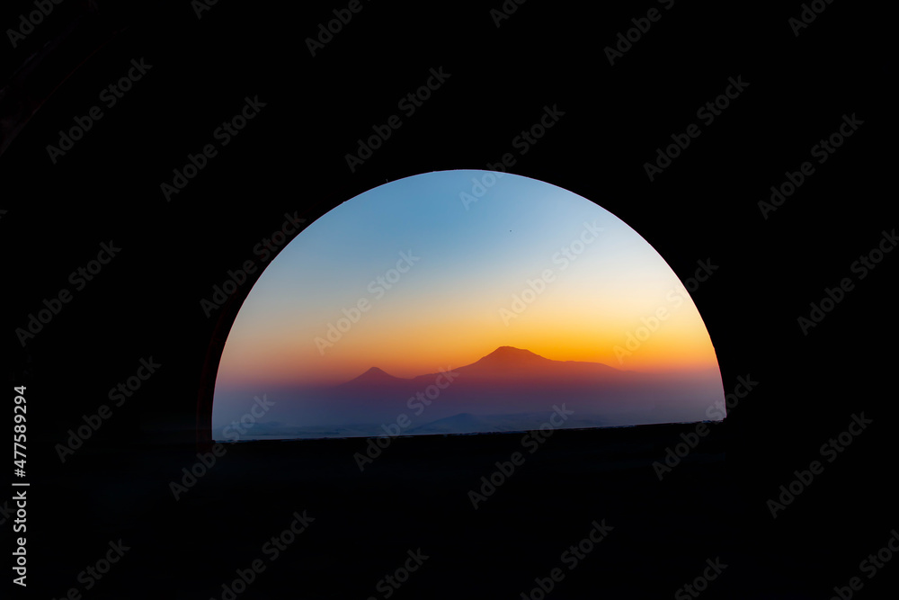 Arch of Charents and Mount Ararat. Fantastic sunset on Mount Ararat ...