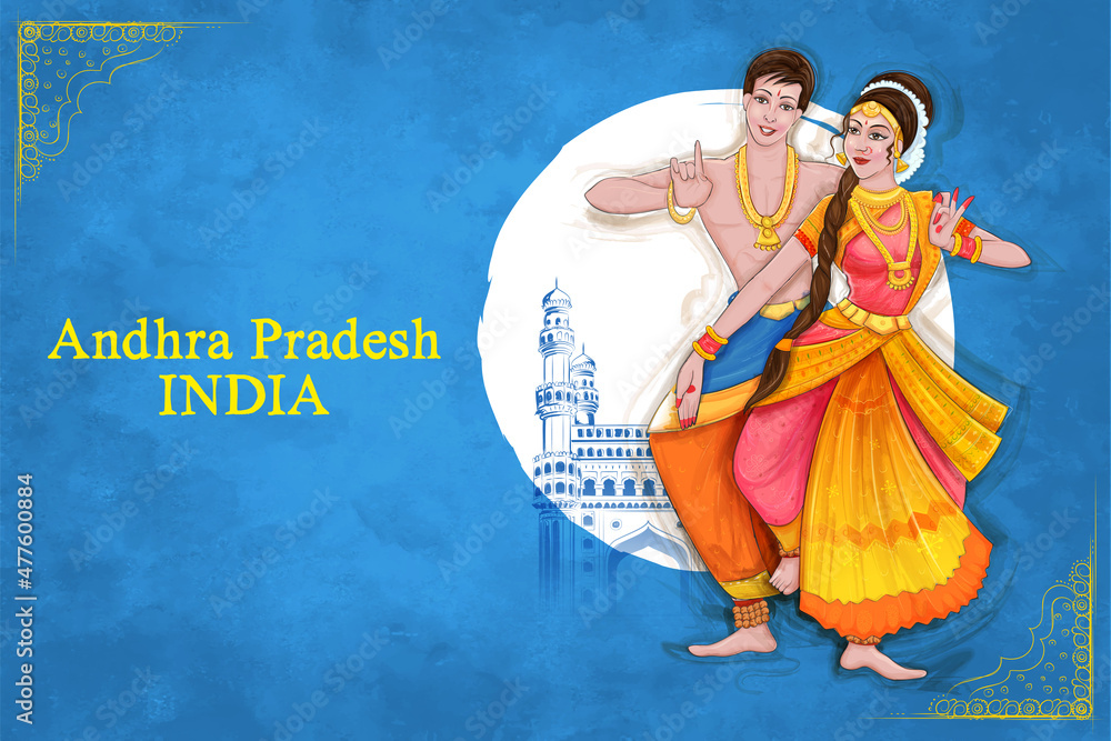 Couple Performing Kuchipudi Dance Traditional Folk Dance Of Andhra