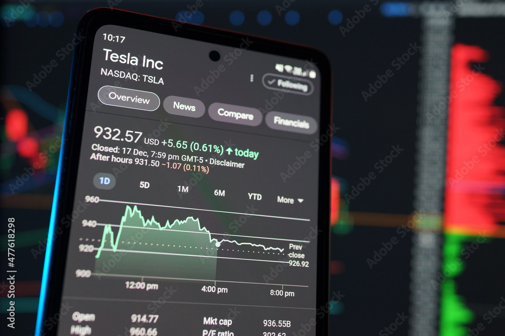 Tesla stock index and logo seen on display screen. Tesla has vaulted up ...