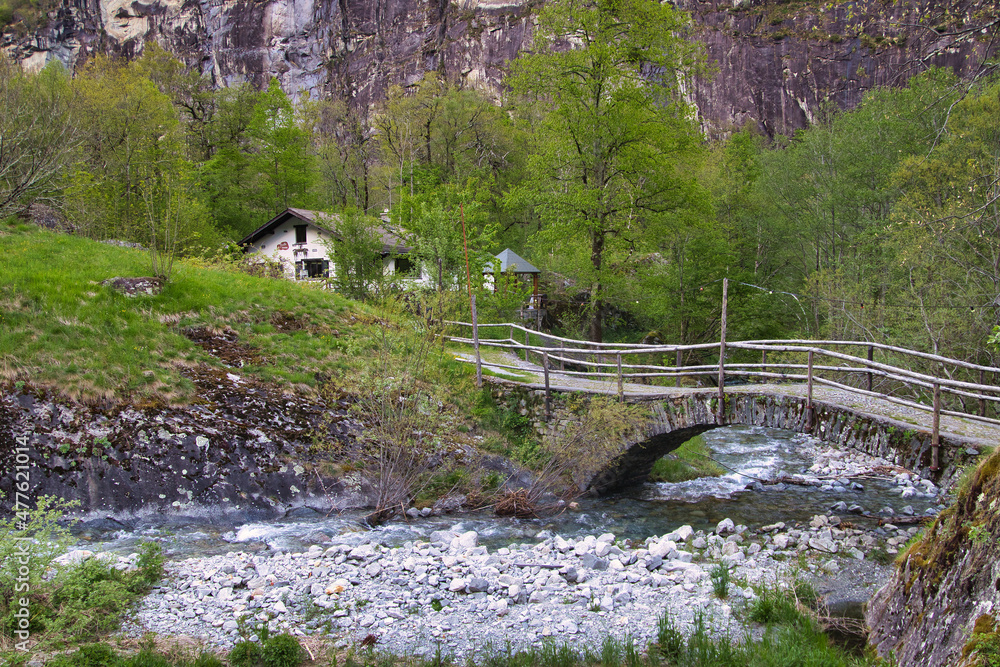 Stone houses an Waterfall Val Bavona, Cevio in Switzerland spring 2021 Stock Photo | Adobe Stock