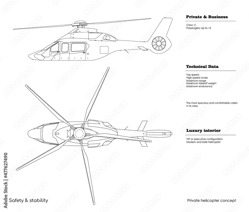 Vecteur Stock Outline business helicopter drawing. Top, side view of ...