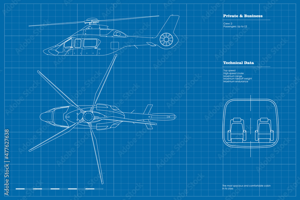 Outline business helicopter drawing. Top, side view of civil copter ...