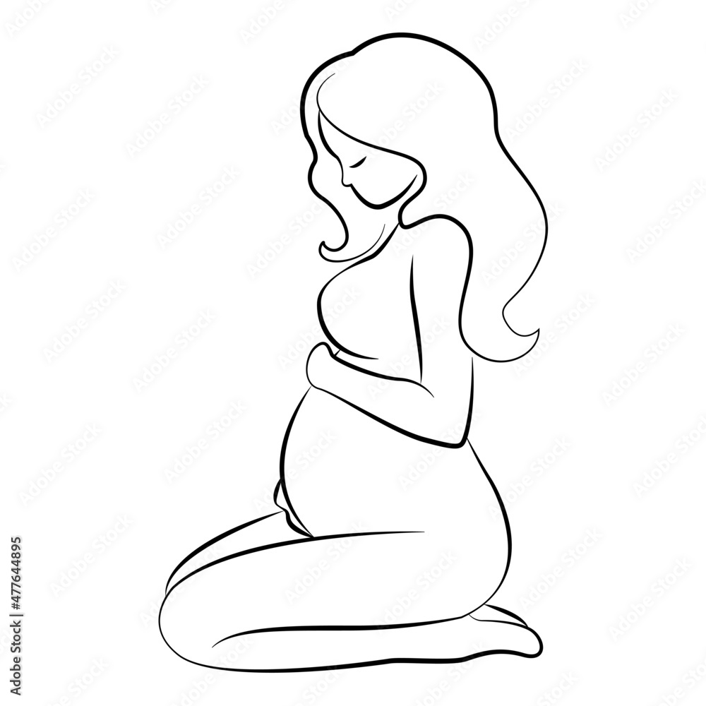 Pregnancy. A young pregnant girl hugs her belly. Line drawing Stock ...