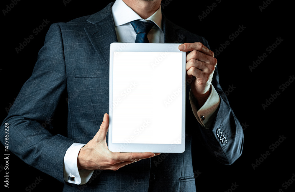Screen mockup. Empty blank tablet in businessman hand. Mock up screen ...