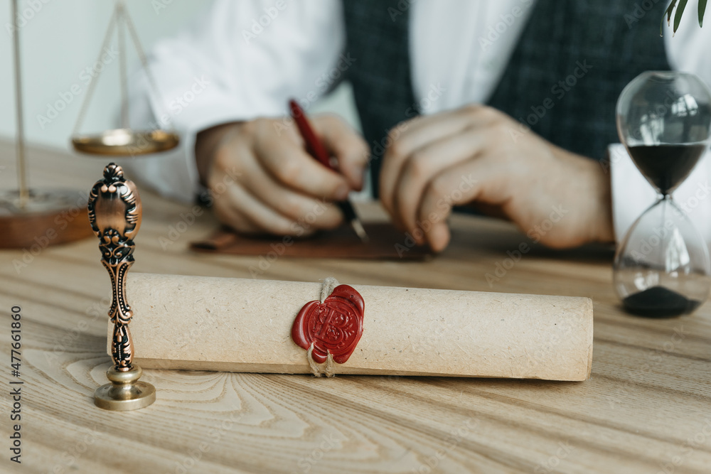 Man notary stamping agreement, company secretary, official document ...