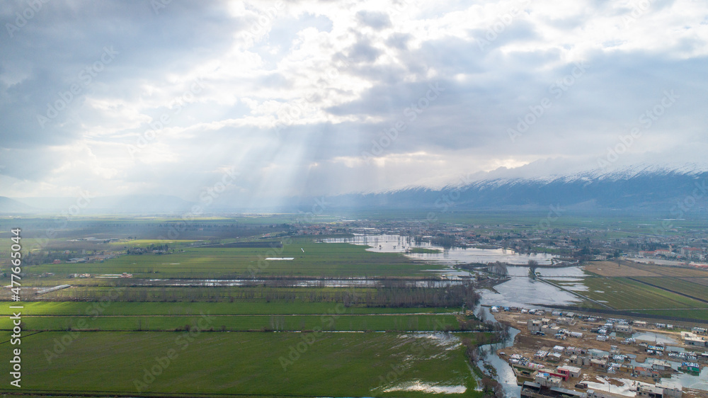 The Lebanese Bekaa Valley during the flooding of the river in an aerial ...