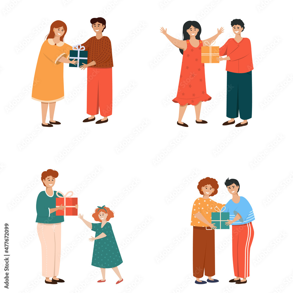 Family members preparing and receiving presents cartoon characters ...