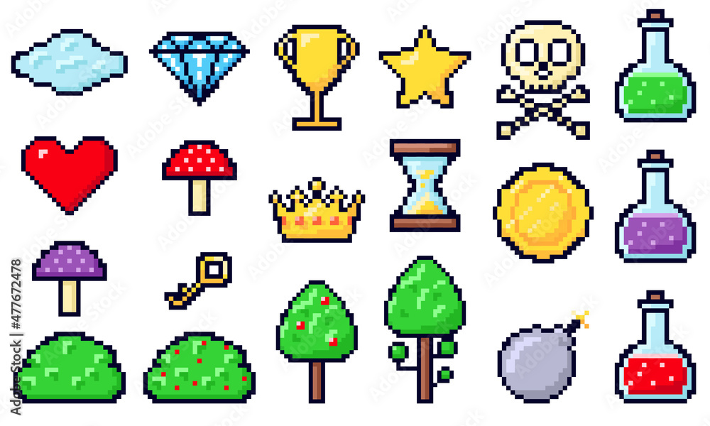 Pixel art 8 bit objects.Game pixel art magic items, digital pixelated ...