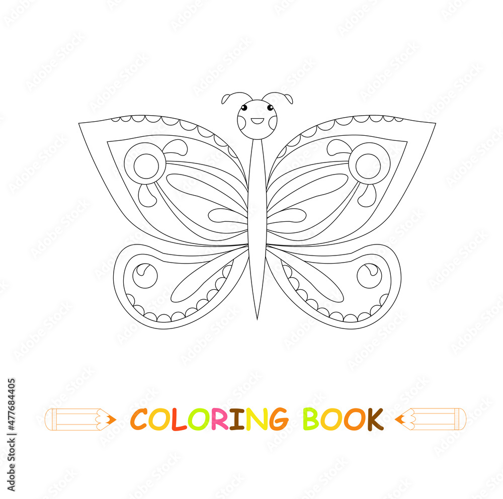 Butterfly children coloring page vector illustration, cute insect in ...