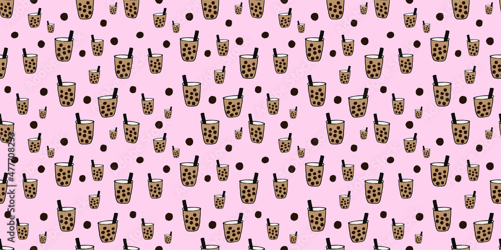 Seamless Boba tea oil paint on pink background, bubble tea, milk tea ...